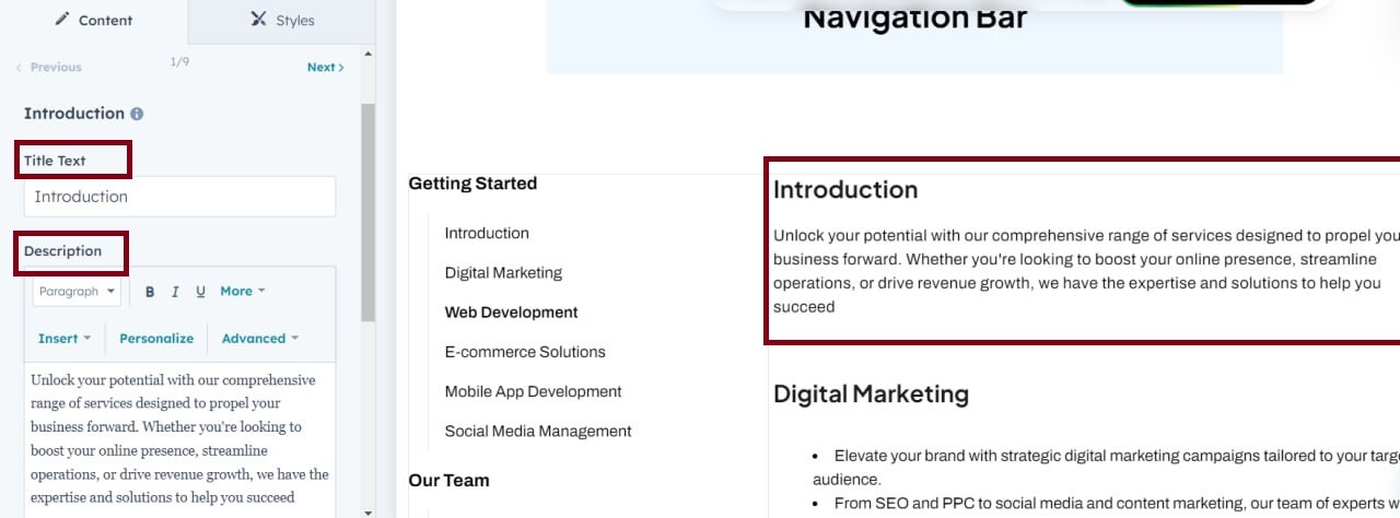 Vertically Fixed Navigation Bar Module for HubSpot | Documentation