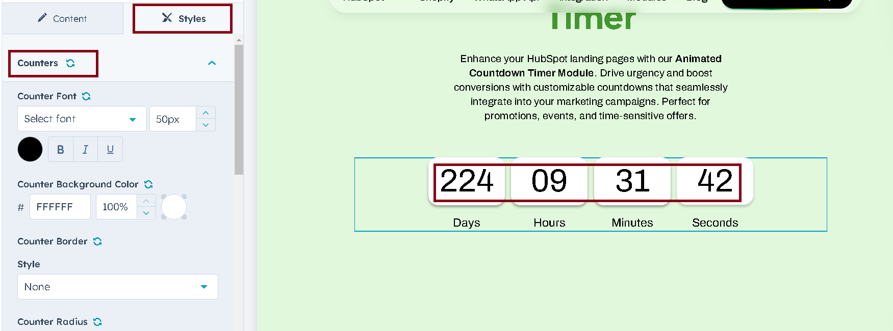Animated Countdown Timer Module for HubSpot | Documentation