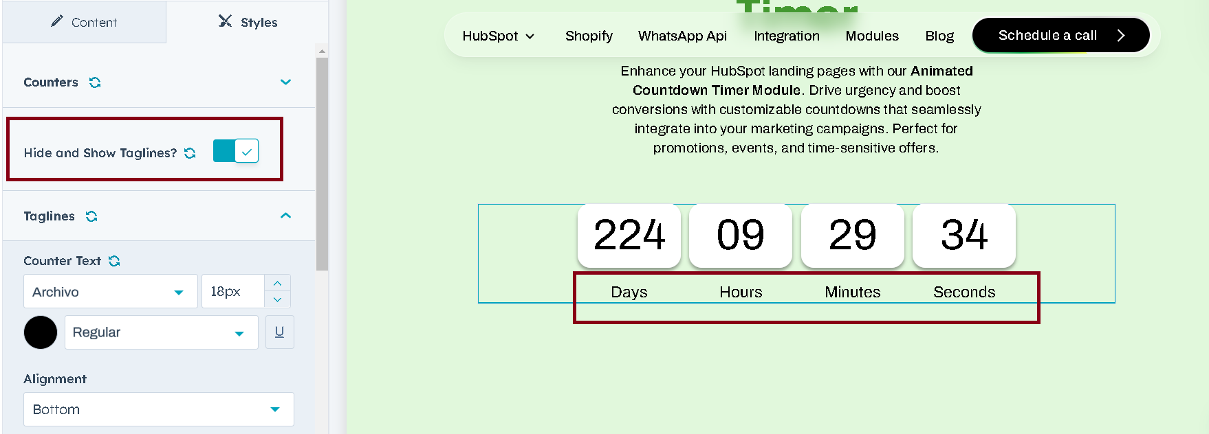 Animated Countdown Timer Module for HubSpot | Documentation