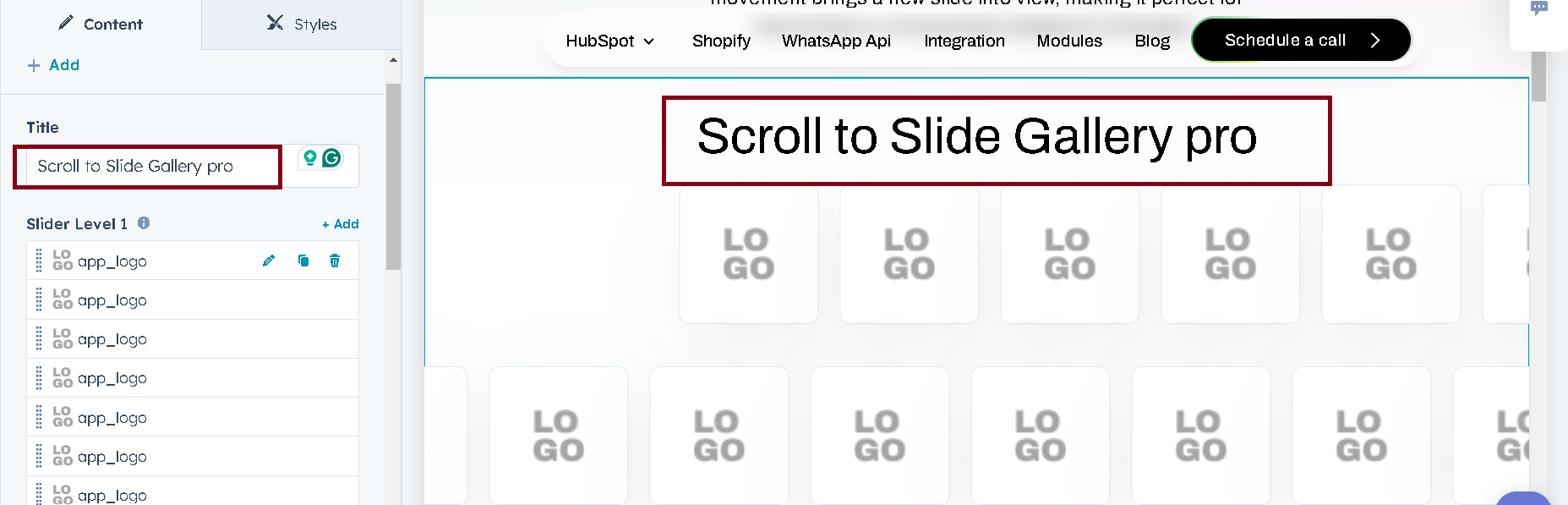 Scroll to slide gallery Pro Module for HubSpot | Documentation