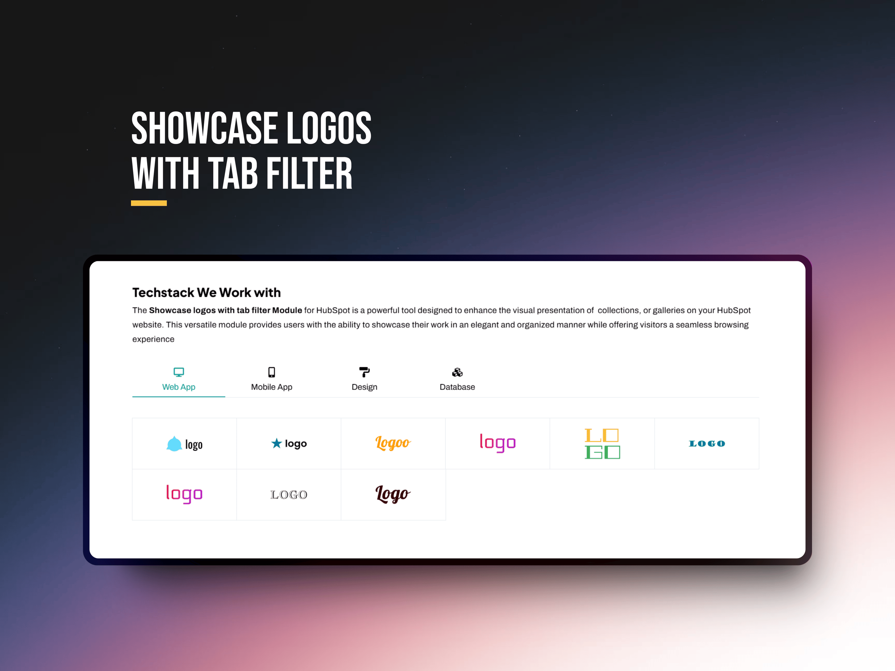 Showcase logos with tab filter Module for HubSpot | Documentation